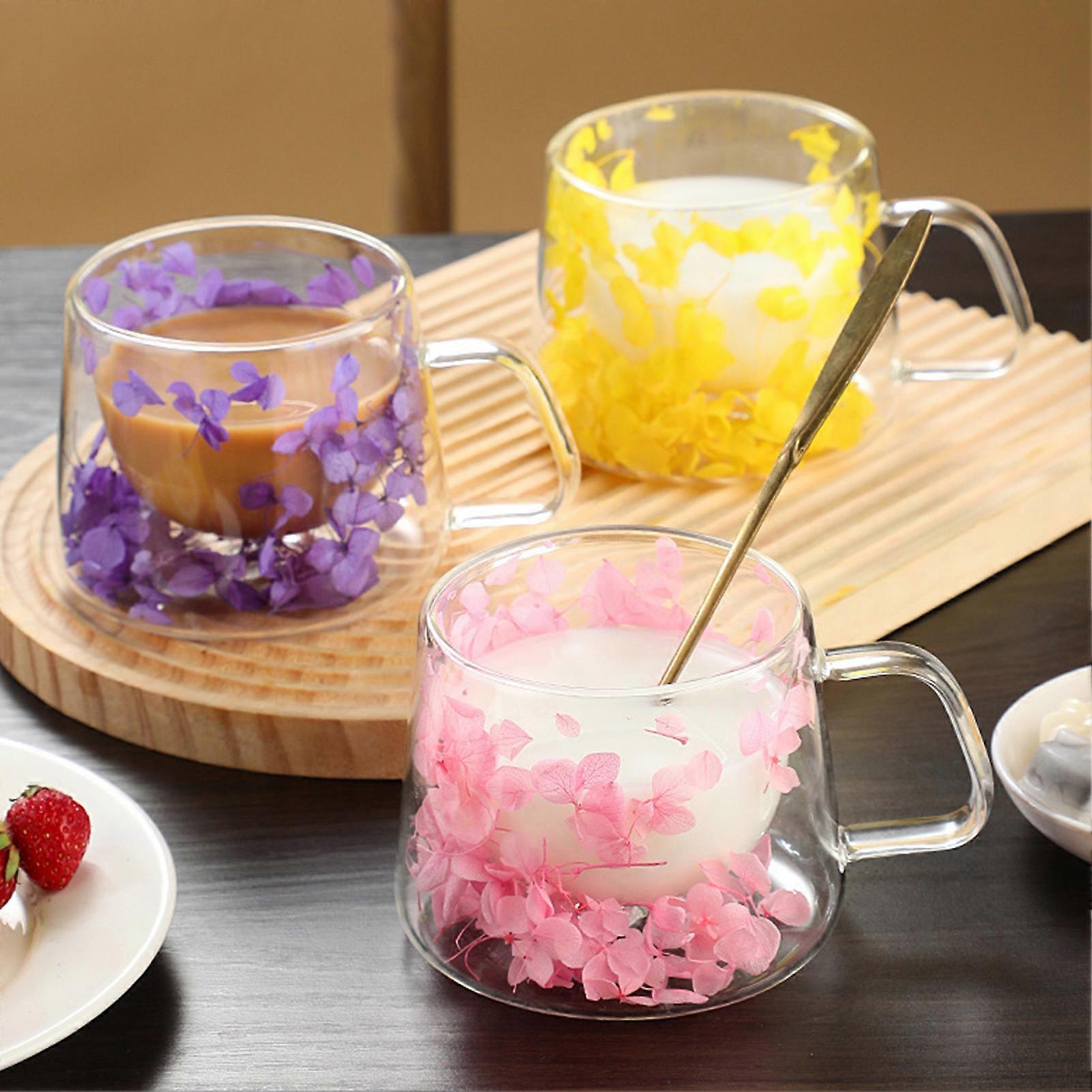 200ml Floral Glass Mug Real Flower Coffee Cup Double Wall Clear Mug ...