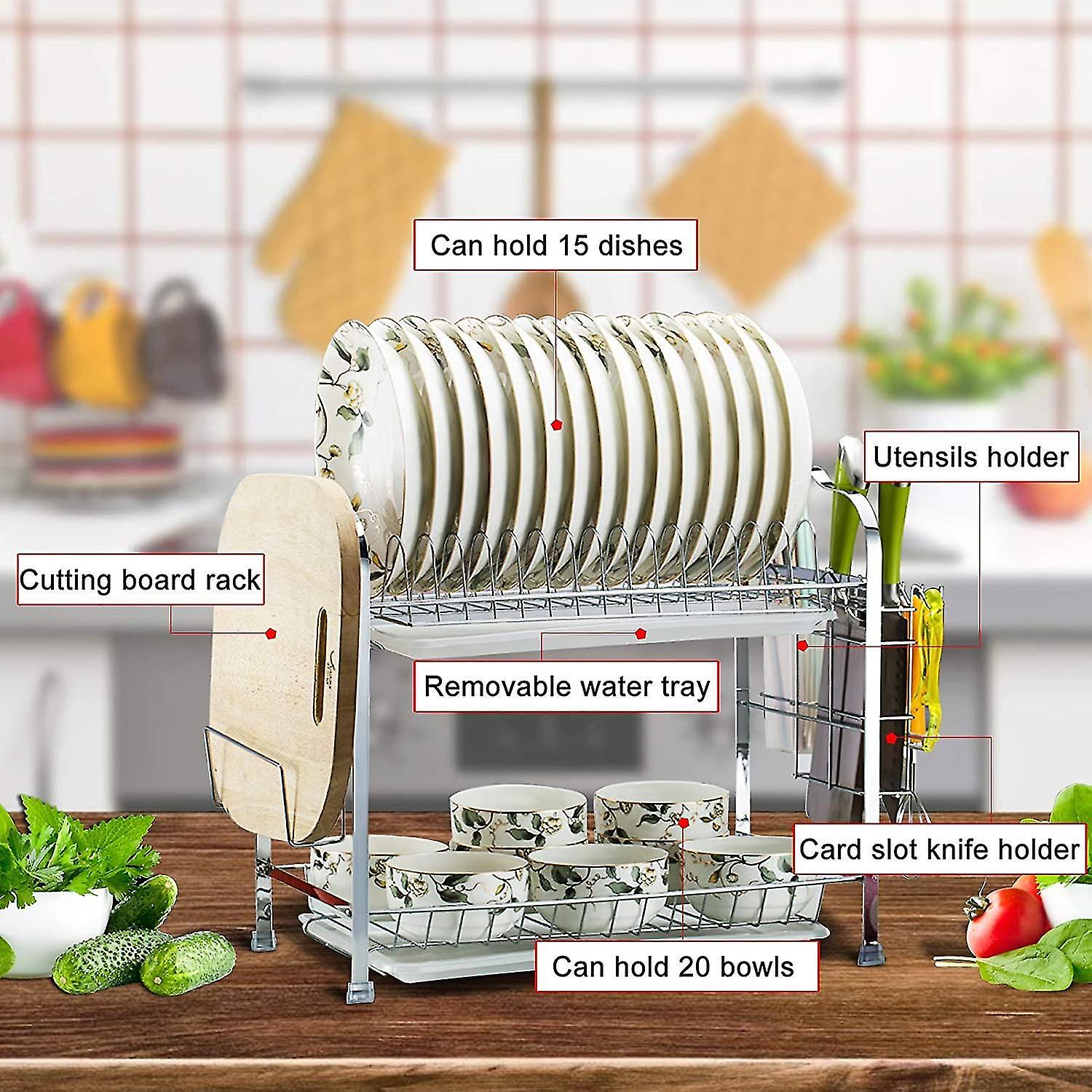 Dish Drying Rack, 2 Tiers Dish Rack with Utensil Rack, Knife Holder and ...