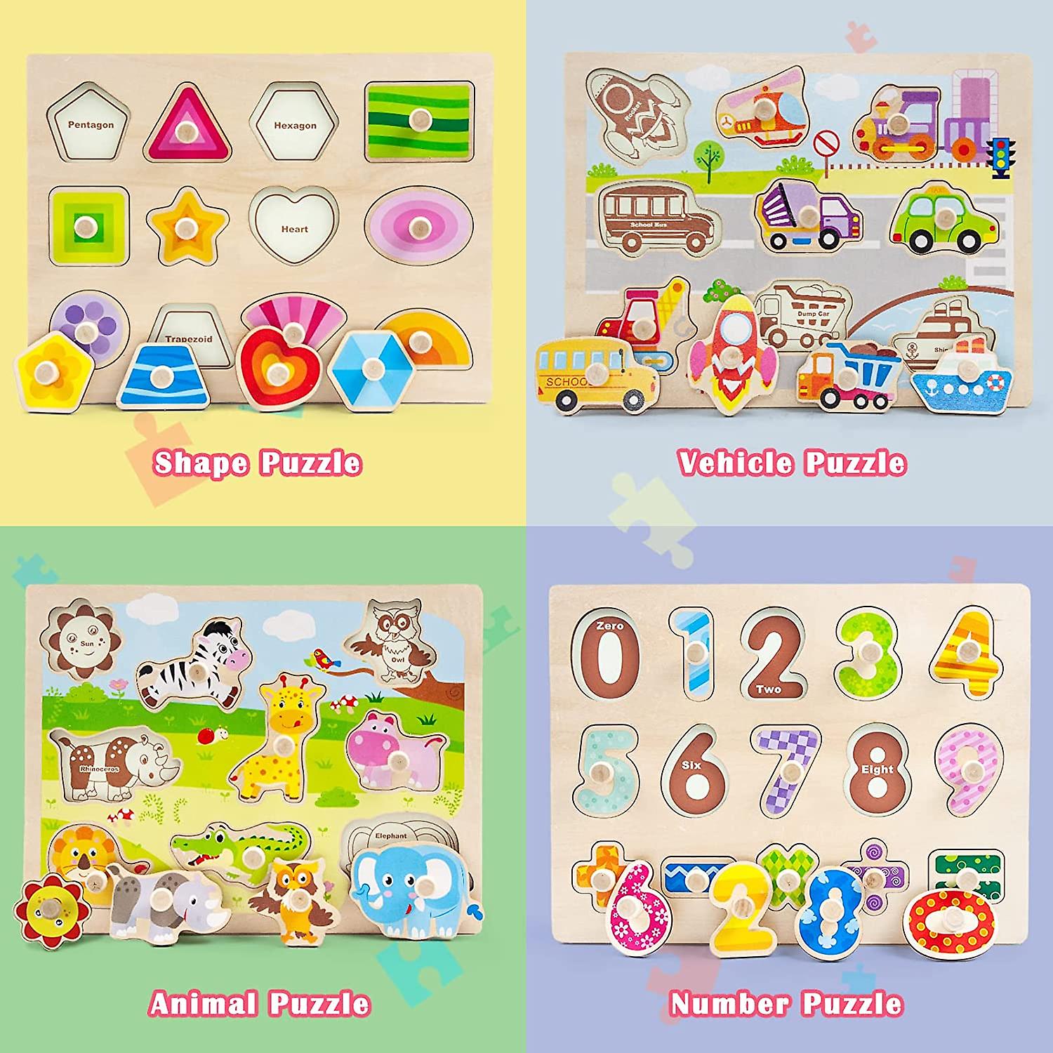 Wooden Toddler Puzzles, Peg Puzzles For Kids Ages 2-4, Number Animal ...