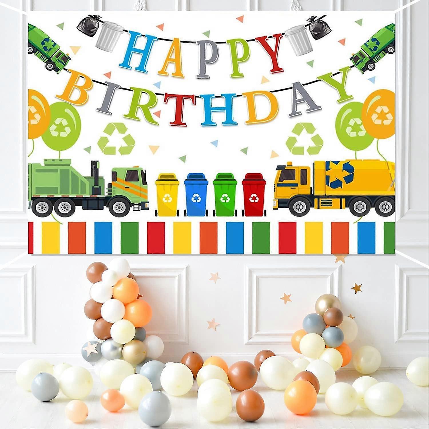 Garbage Truck Happy Birthday Backdrop Colorful Truck Trash Can ...