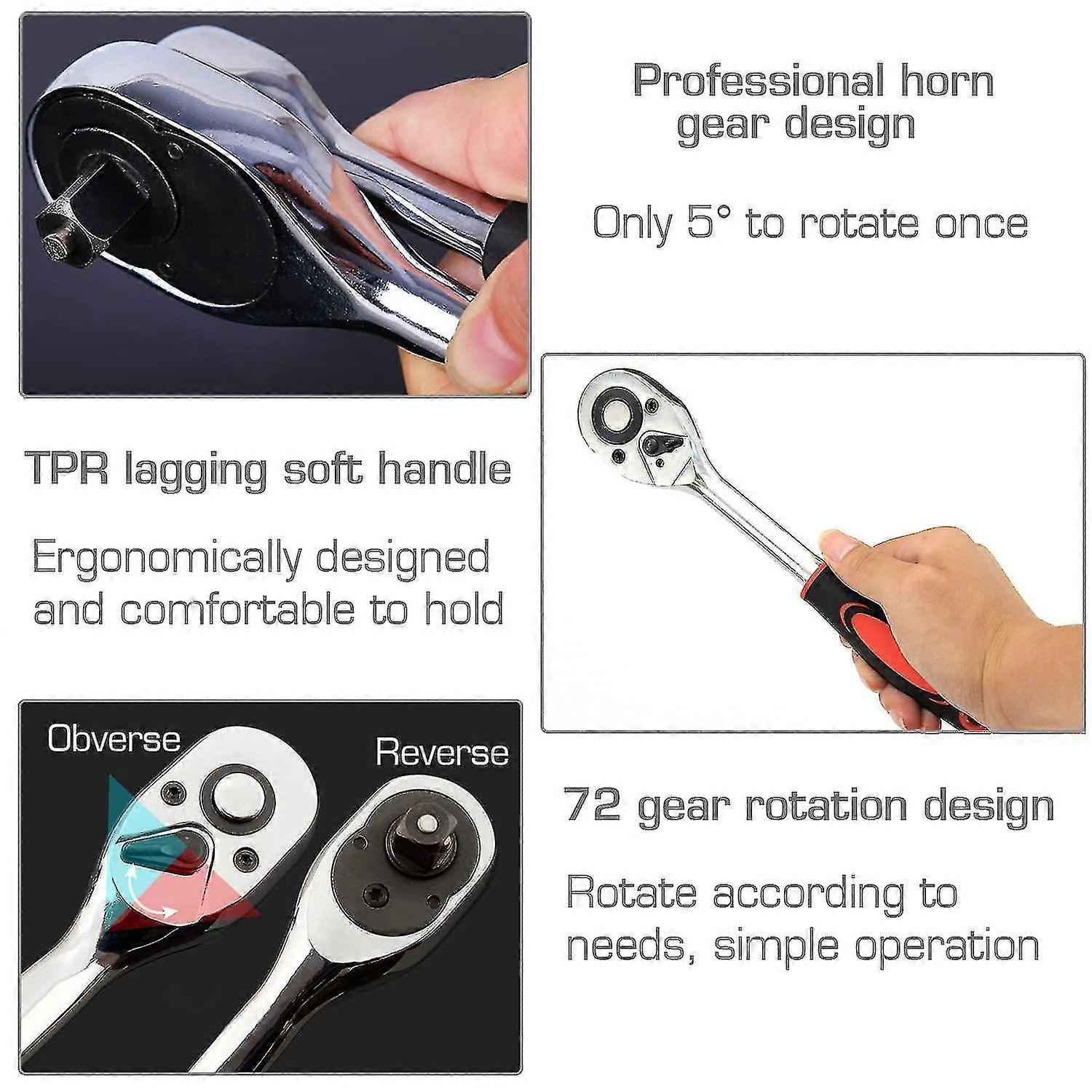 3 Pcs Torque Ratchet Spr, 72 Teeth Reversible Torque Ratchet Socket Wrench, Recessed Reversing ...