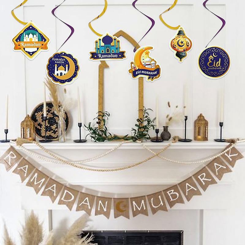 6pcs Eid Mubarak Spiral Banner Islamic Muslim Gold Swirl Eid Pendant ...