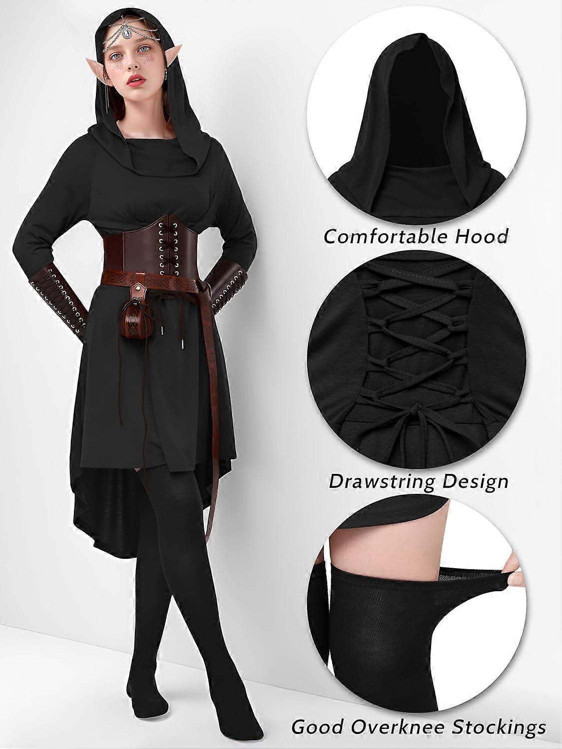 Women Renaissance Fairy Costumes Medieval Hooded Robe Lace Up Dress ...