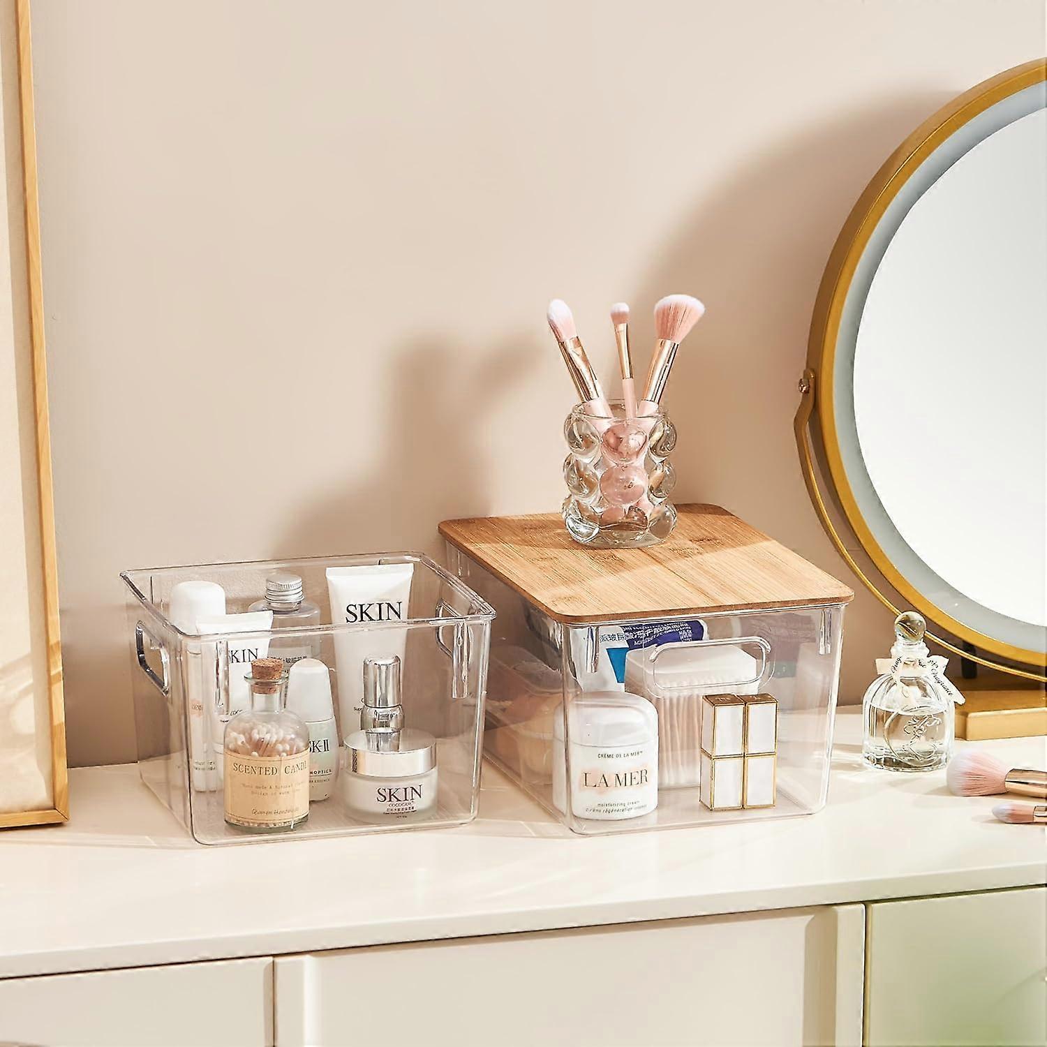 Clear Plastic Storage Box with Bamboo Lid and Handles with Lid for Home ...