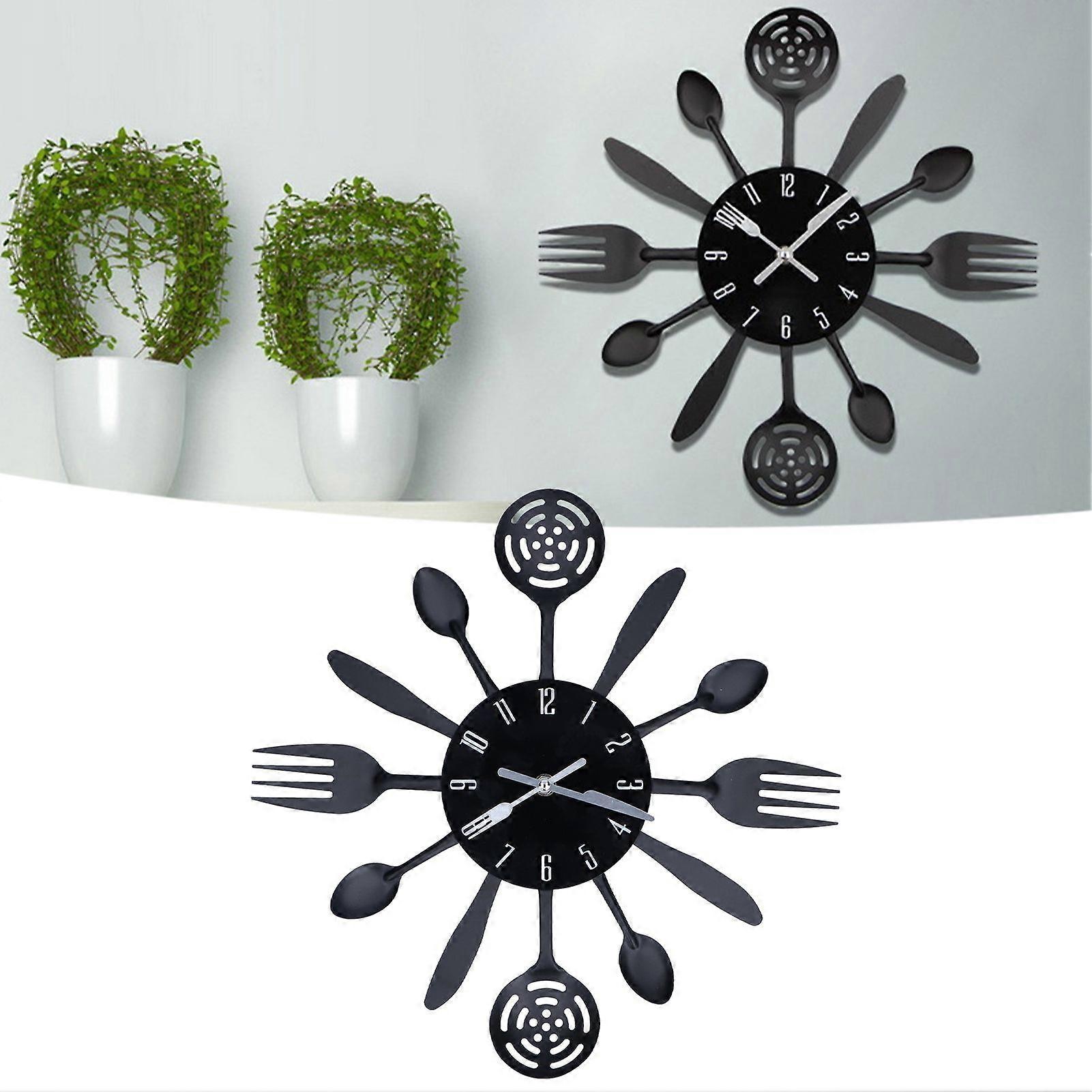 Black Kitchen Wall Clock Removable Modern Cutlery Kitchen Spoon Fork ...