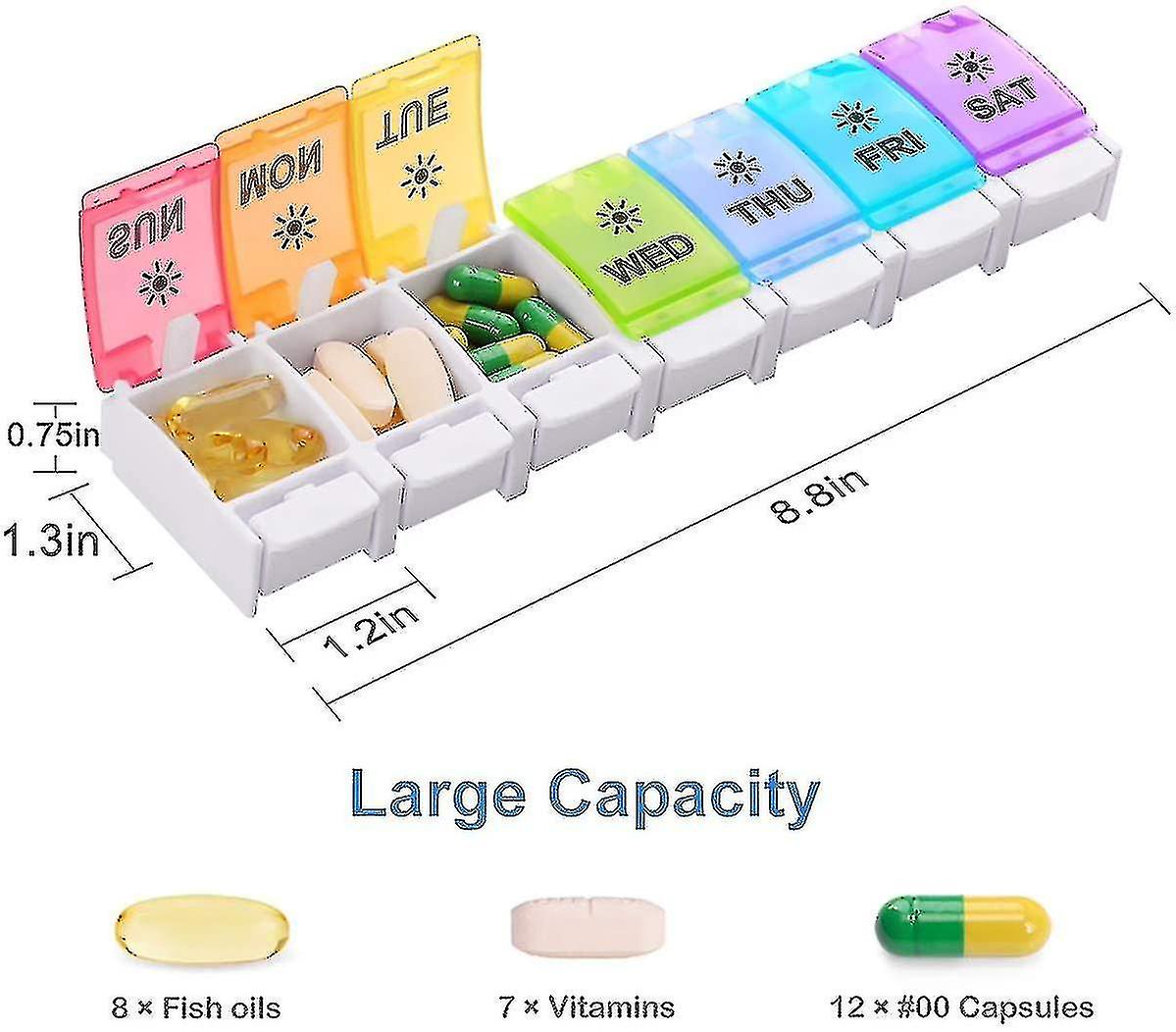 Large 7 Day Pill Organizer 2 Times A Day, Push Button Pill Box, Vitami ...