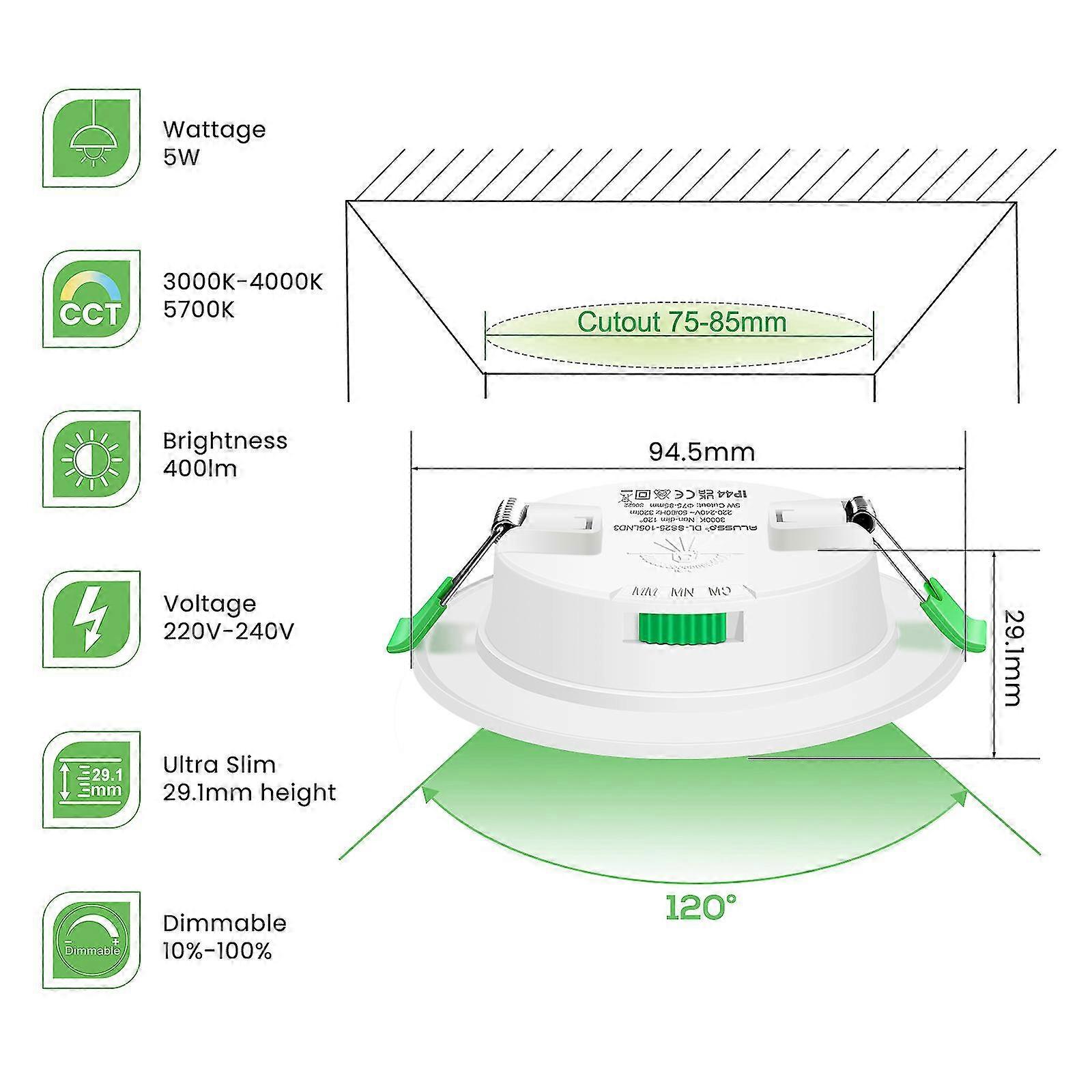 6 Pack 5w Ultra Slim Dimmable Led Downlight Cct 75-85mm Cutout Nickel ...