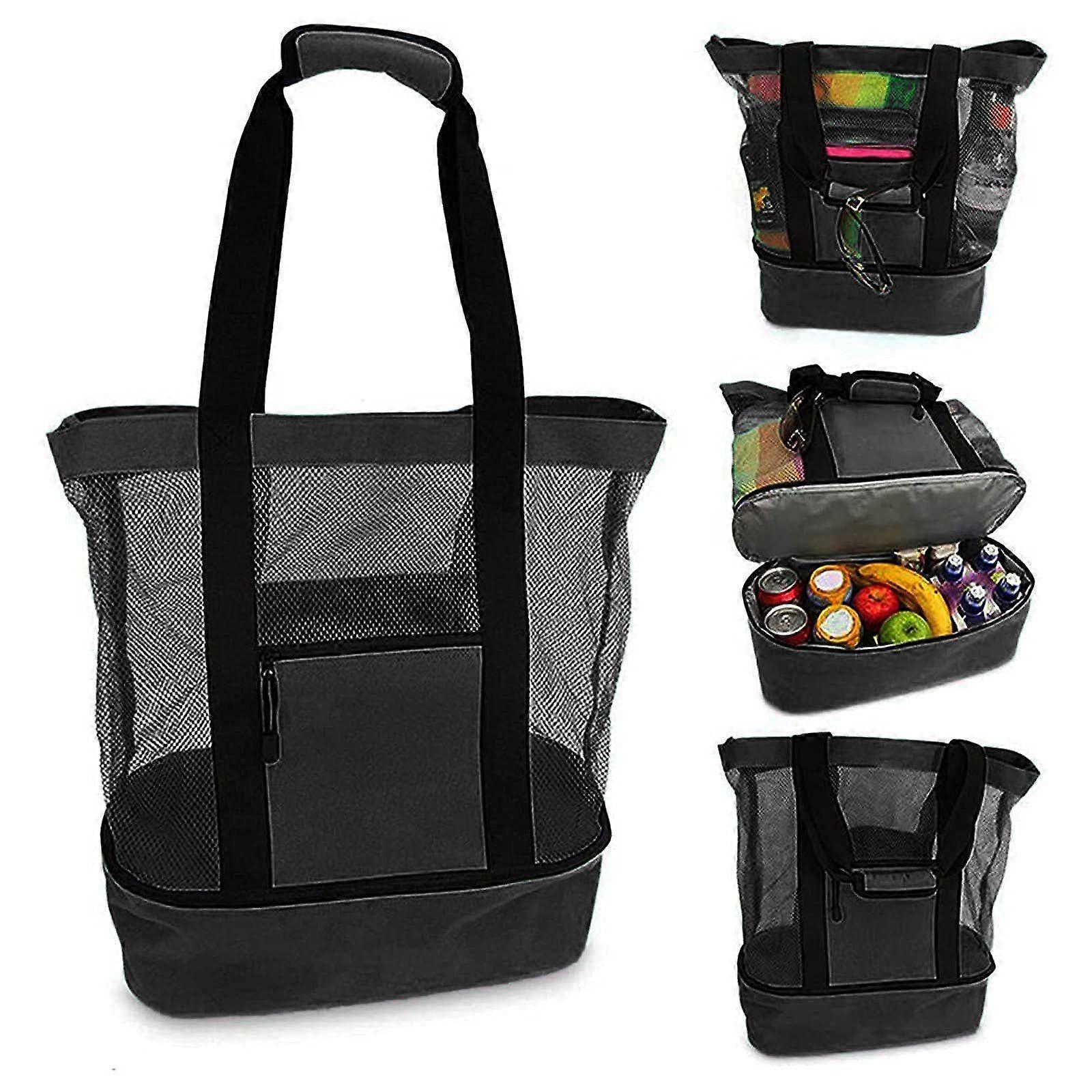 Mesh Beach Tote Bag with Cooler Compartment Insulated Detachable Picnic ...