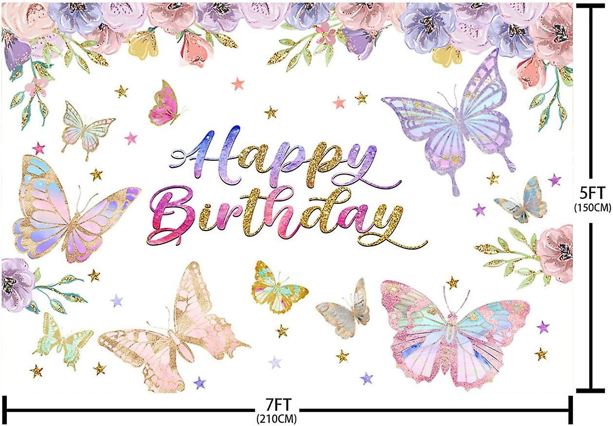 7x5ft Butterfly Birthday Backdrop For Girls Spring Theme Colorful Flowers Butterflies ...