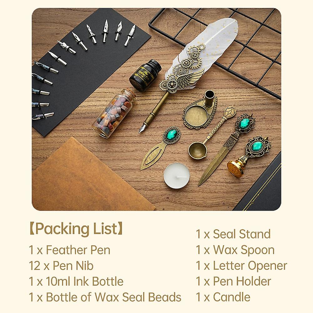 Vintage Feather Pen and Ink Set Fancy Metal Quill Pen with Gear ...