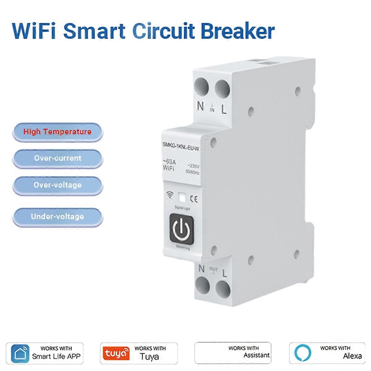 Tuya WIFI Smart Circuit Breaker 1P+N 1A-63A Adjustable DIN Rail with ...