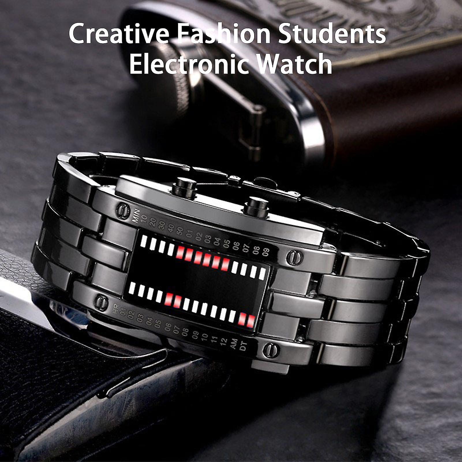 Fashion Mens Binary Sports Watch Digital LED Matrix Black Bracelet Square Blue Backlit Watches ...