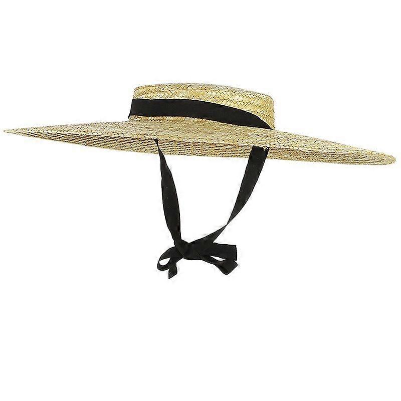 Vintage Large Brim Straw Hat For Women Flat Top Summer Beach Cap ...