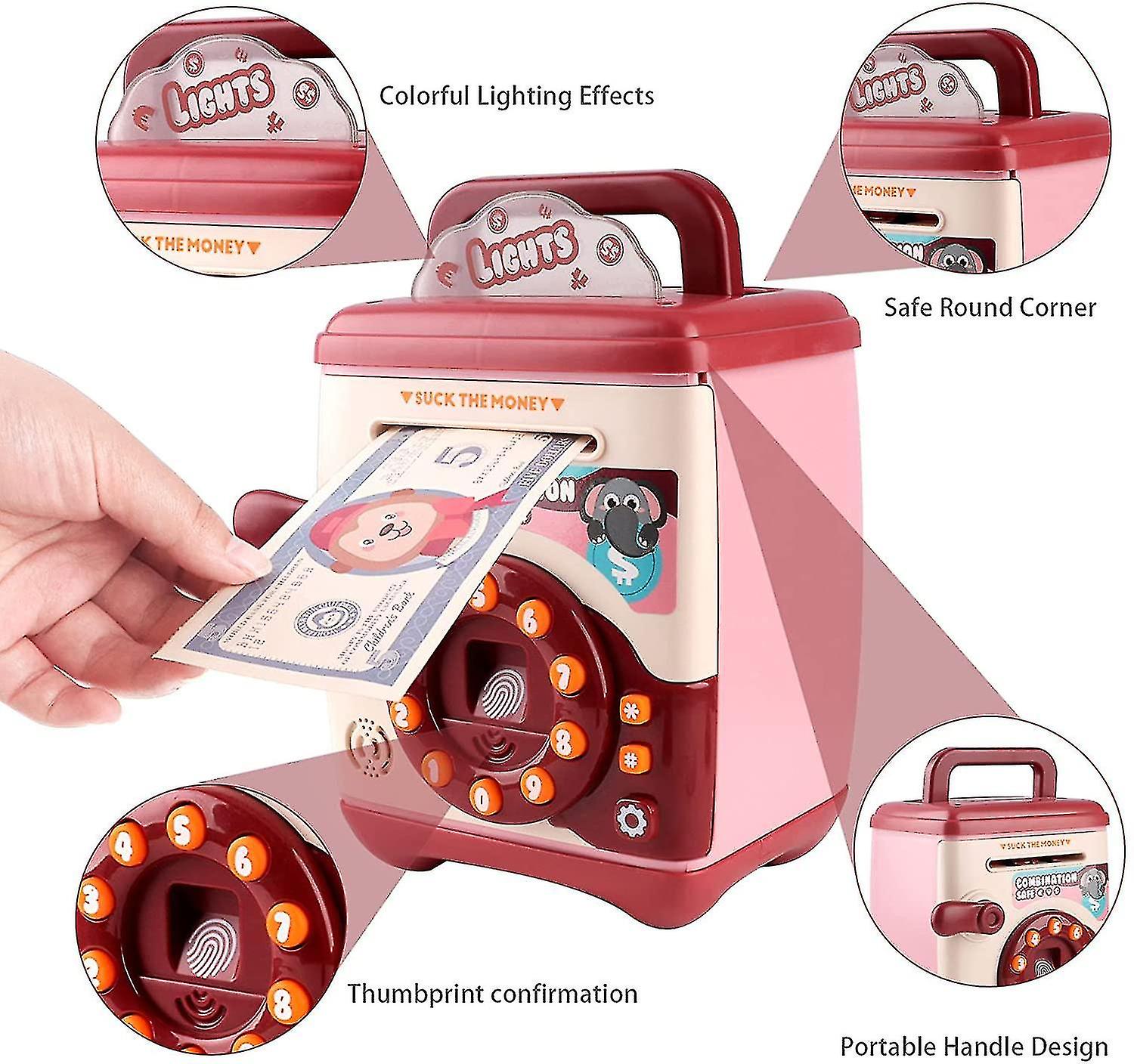 Pink Piggy Bank For Kids Girls, Electronic Money Bank Mini Atm Toy, Real Money Saving Box With ...