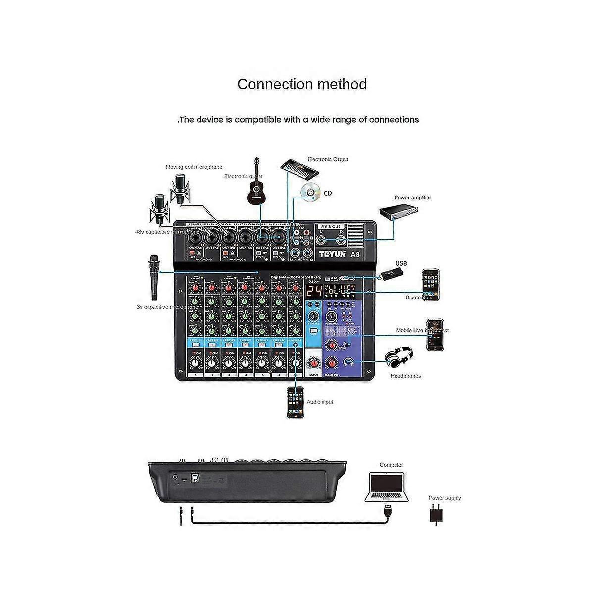 A8 Portable Mixer Sound Card 8-channel Mixing Console Computer ...