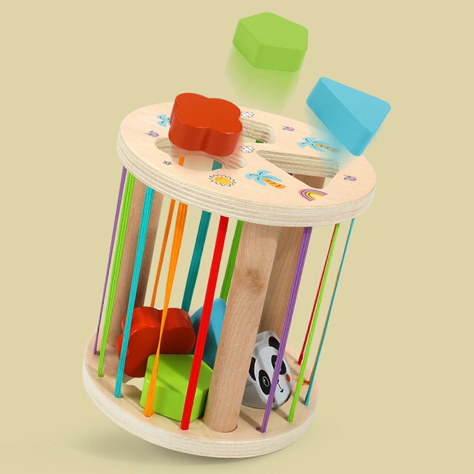 Baby Sensory Shape Sorting Toys Round/Square Wooden Toys with Elastic ...