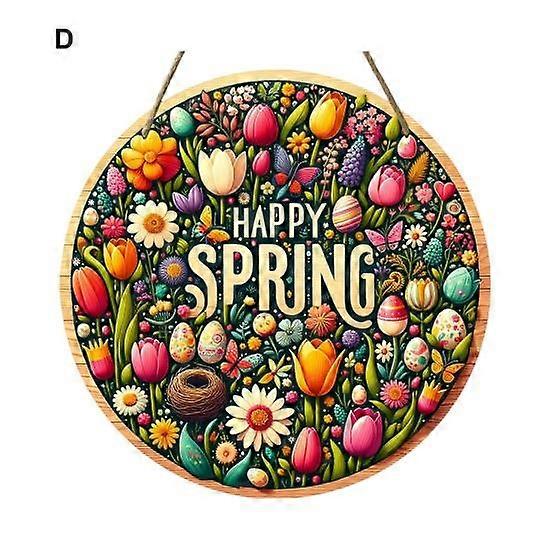 Spring Wooden Door Sign Round Floral Porch Print with Lanyard Colorful ...