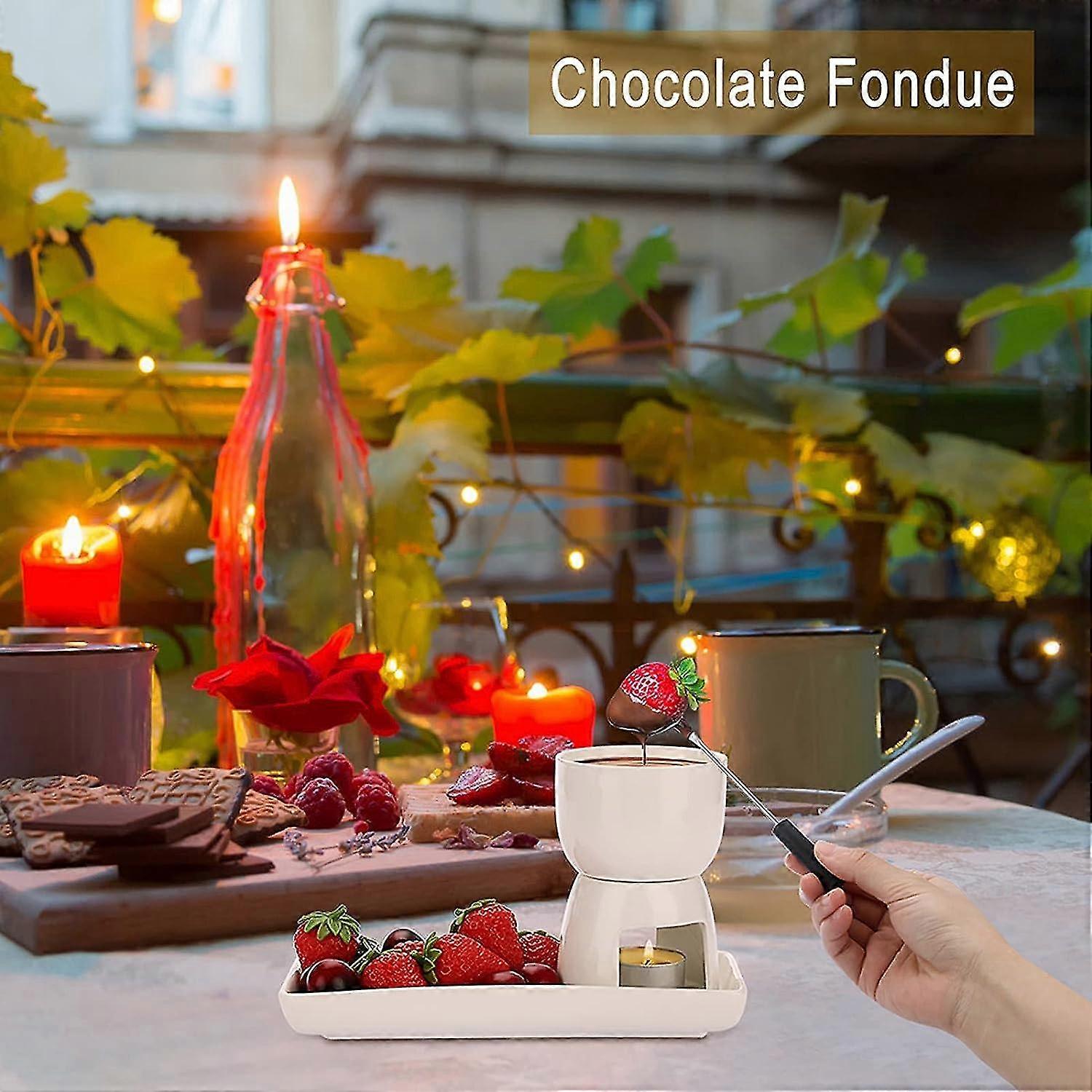 White Ceramic Chocolate Fondue Pot Set Cheese Ice Cream Warmer, 300ml ...