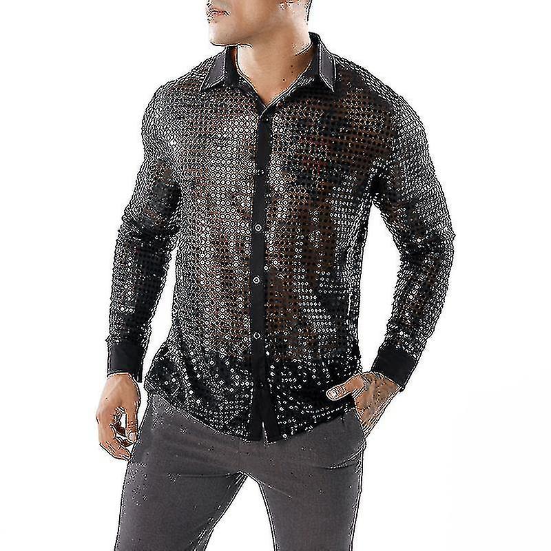 Men's Shiny Sequined Mesh Top, 60s 70s Disco Dance Shirt | Fruugo UK
