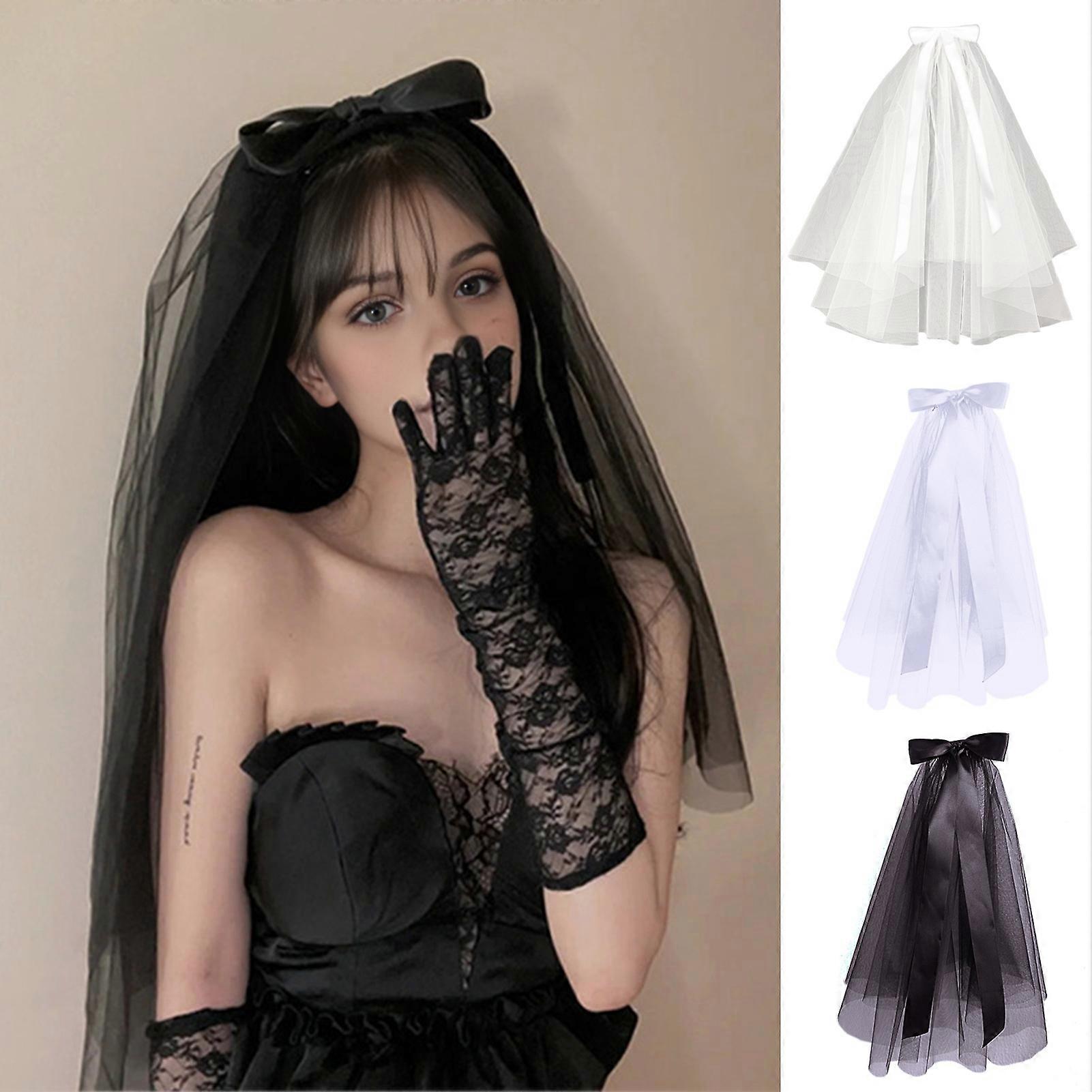 Halloween Veil Double-Layered Ribbon Bow Decoration Soft Mesh Veil ...