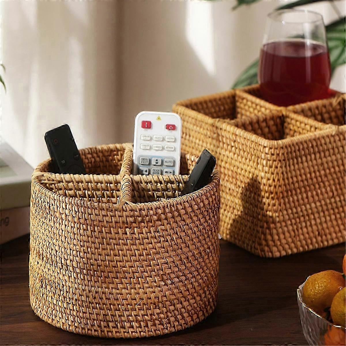 Hand-woven storage box, handle remote control basket, Round hwy | Fruugo UK