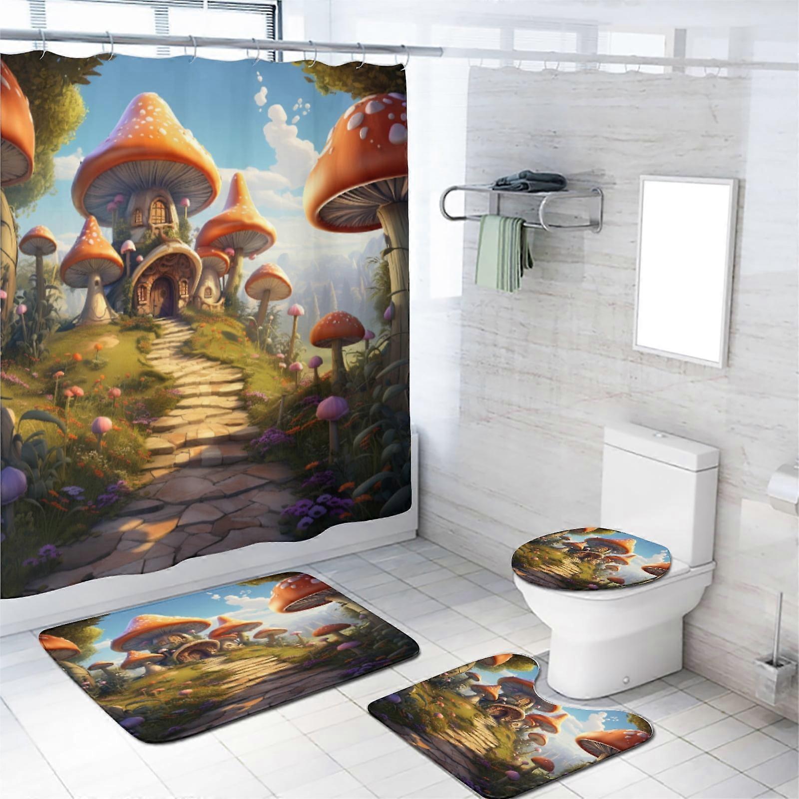 Mushroom Shower Curtain Set with Rugs, Vintage Botanical Fantasy Forest ...