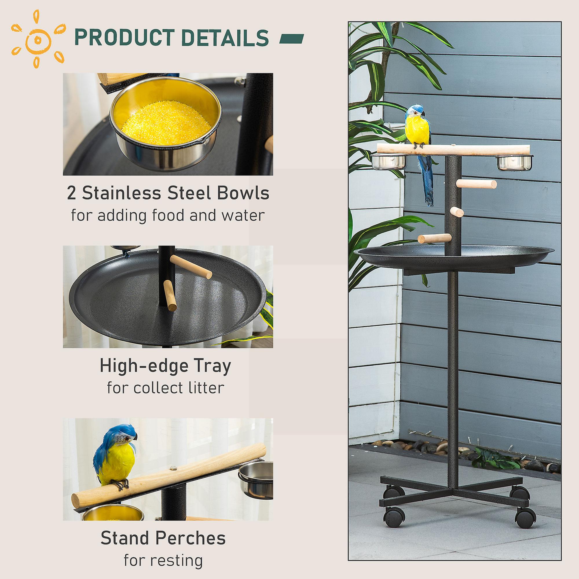 PawHut Metal Bird Table Play Stand, Bird Feeder Station with Wheels ...