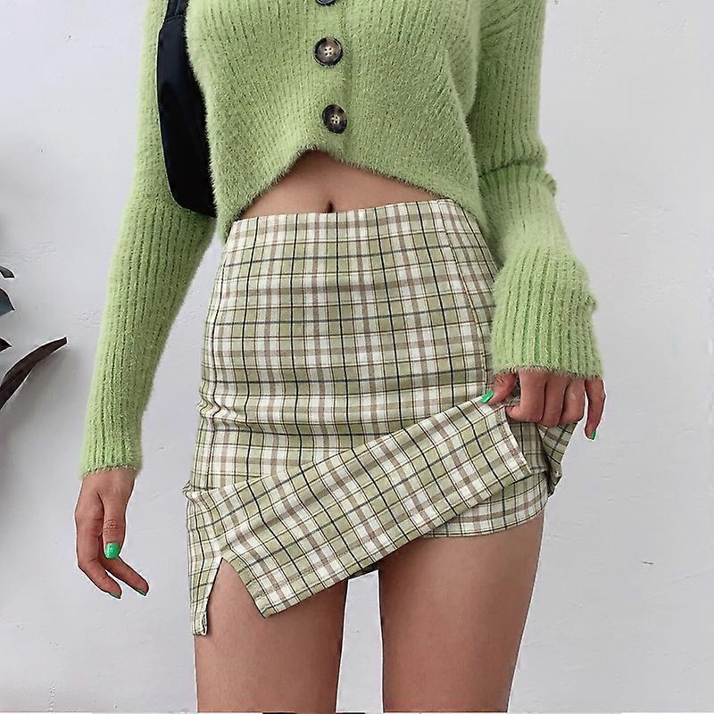 XIANRENGE Summer Harajuku Uniform Women Skirt Split Details Plaid Mini ...