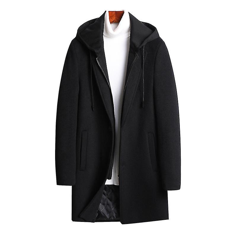Men's Wool Coat Hoodie Long Trench Coat Cotton Casual Woollen Overcoat ...
