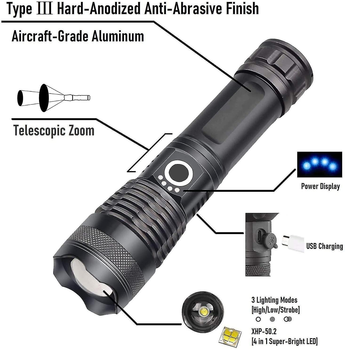 Rechargeable Tactical Torch Xhp50 Led, Flashlights 5000 Lumens, 5 Modes ...