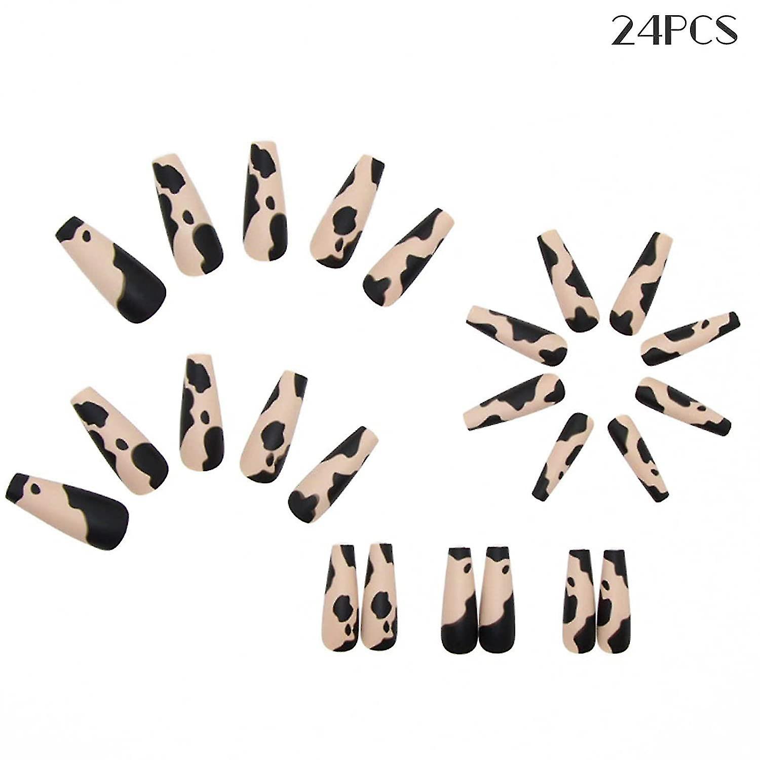 Long Coffin Fake Nails Matte Brown Press On Nails With Cow Print Design ...