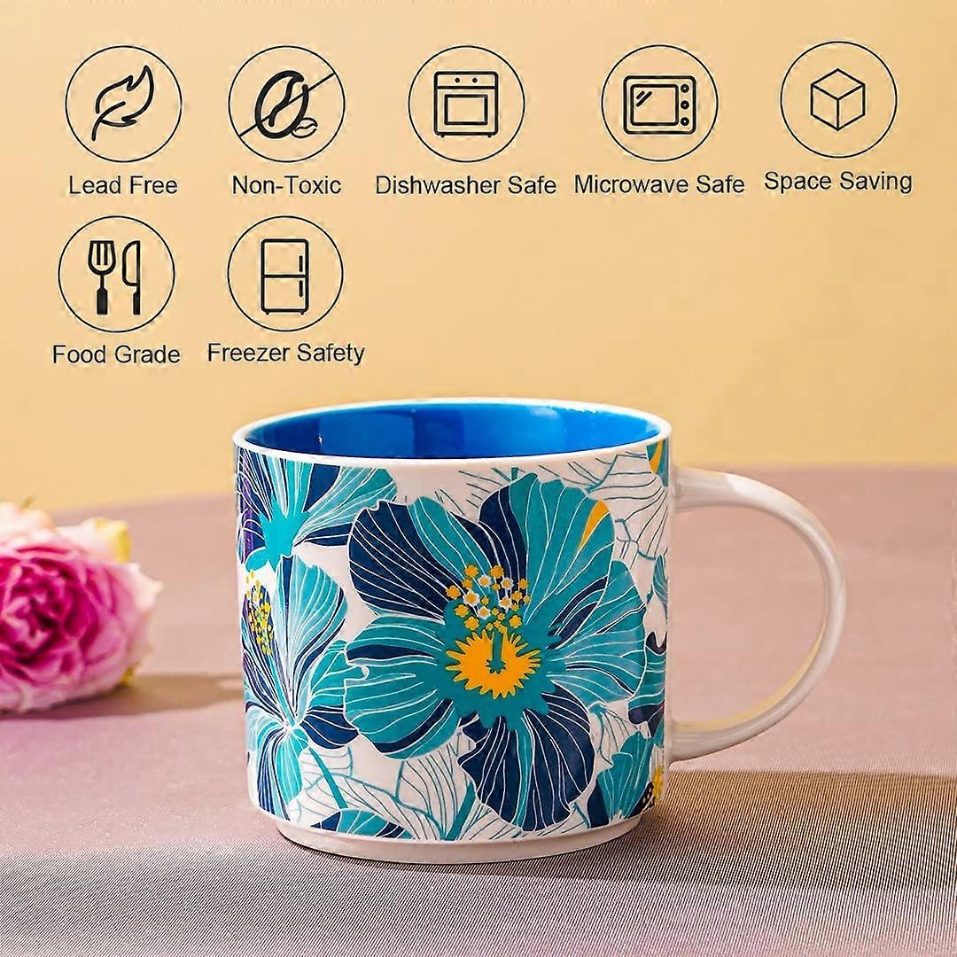 15 oz blomster keramisk krus, stort porcelæn kaffekrus, blå indre ...