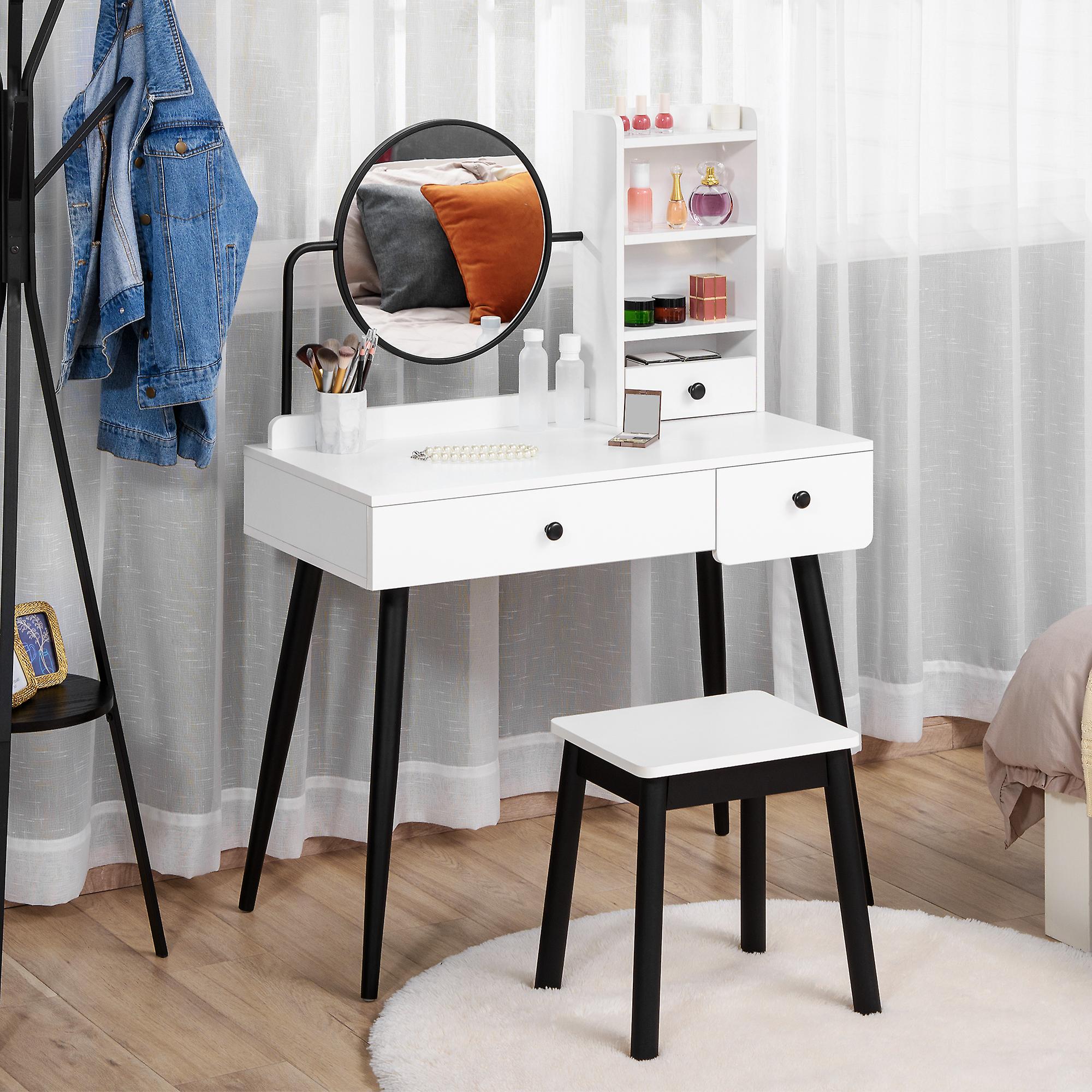 HOMCOM Dressing Table Set with 3 Drawers, Storage shelves and Stool ...