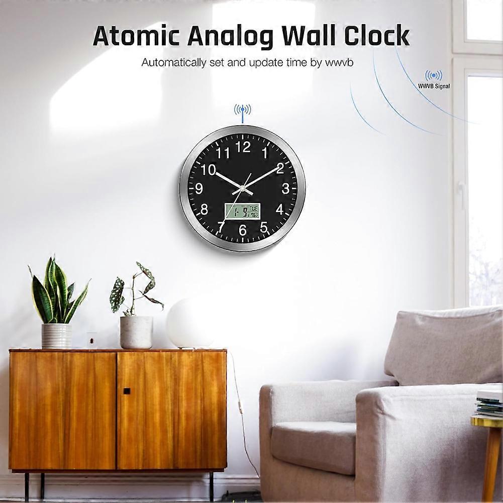 12Inch Wall Clock with Digital Date, Week & Indoor Temp - Battery ...