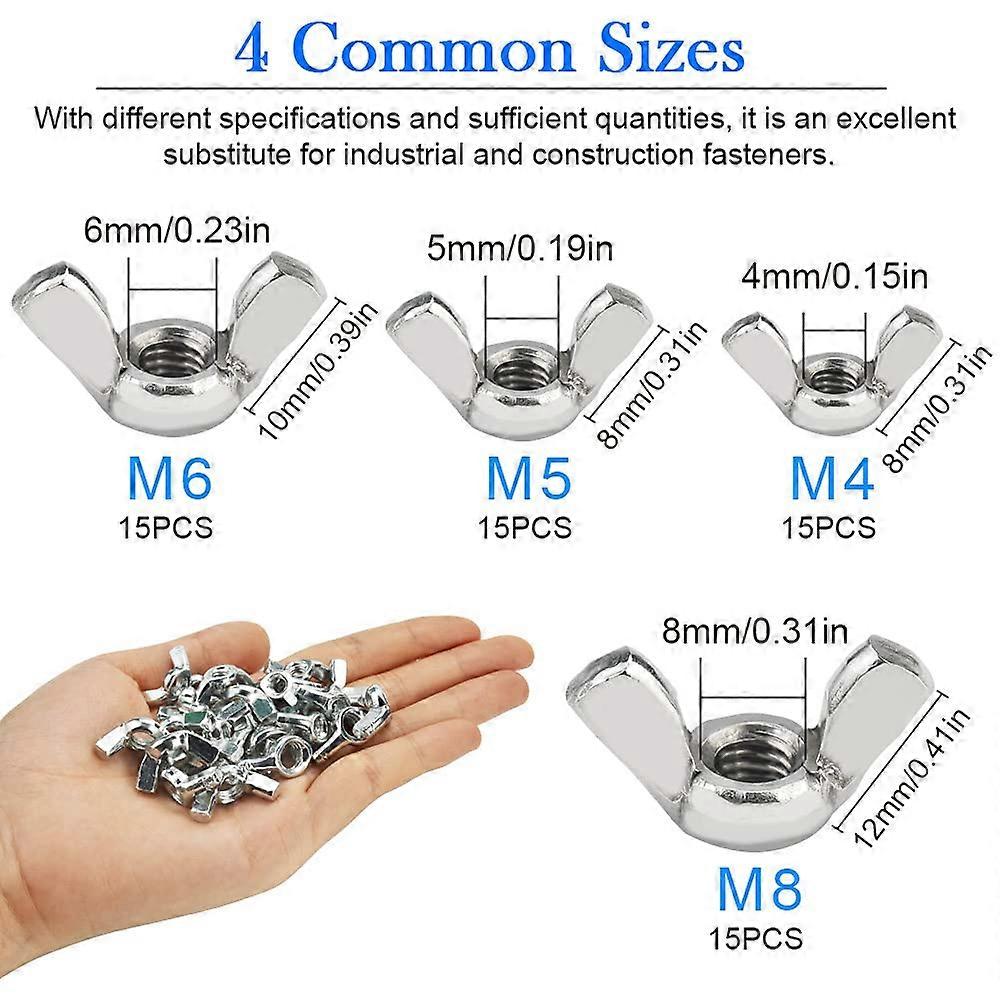 60 Pcs Wing Nuts, M4 M5 M6 M8 Wing Nut Zinc Plated Butterfly Wing Nuts ...