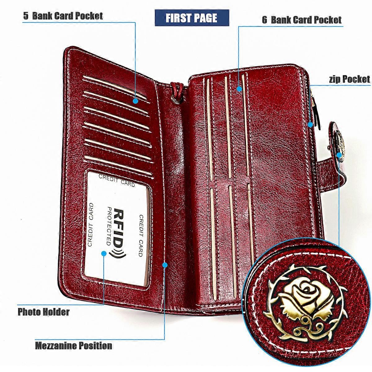 Soft leather women's wallets RFID block wallet-burgundy wallet many ...