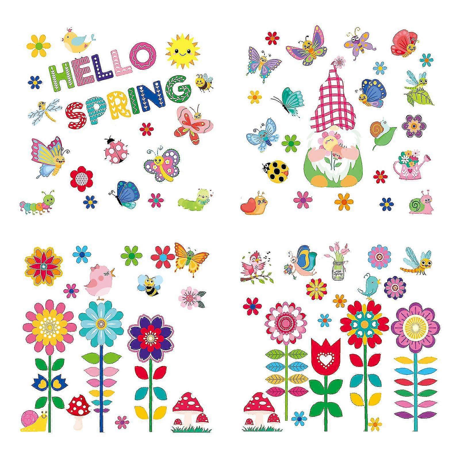 9 Sheets Double-sided Pvc Flowers Butterfly Bees Birds Spring Window ...