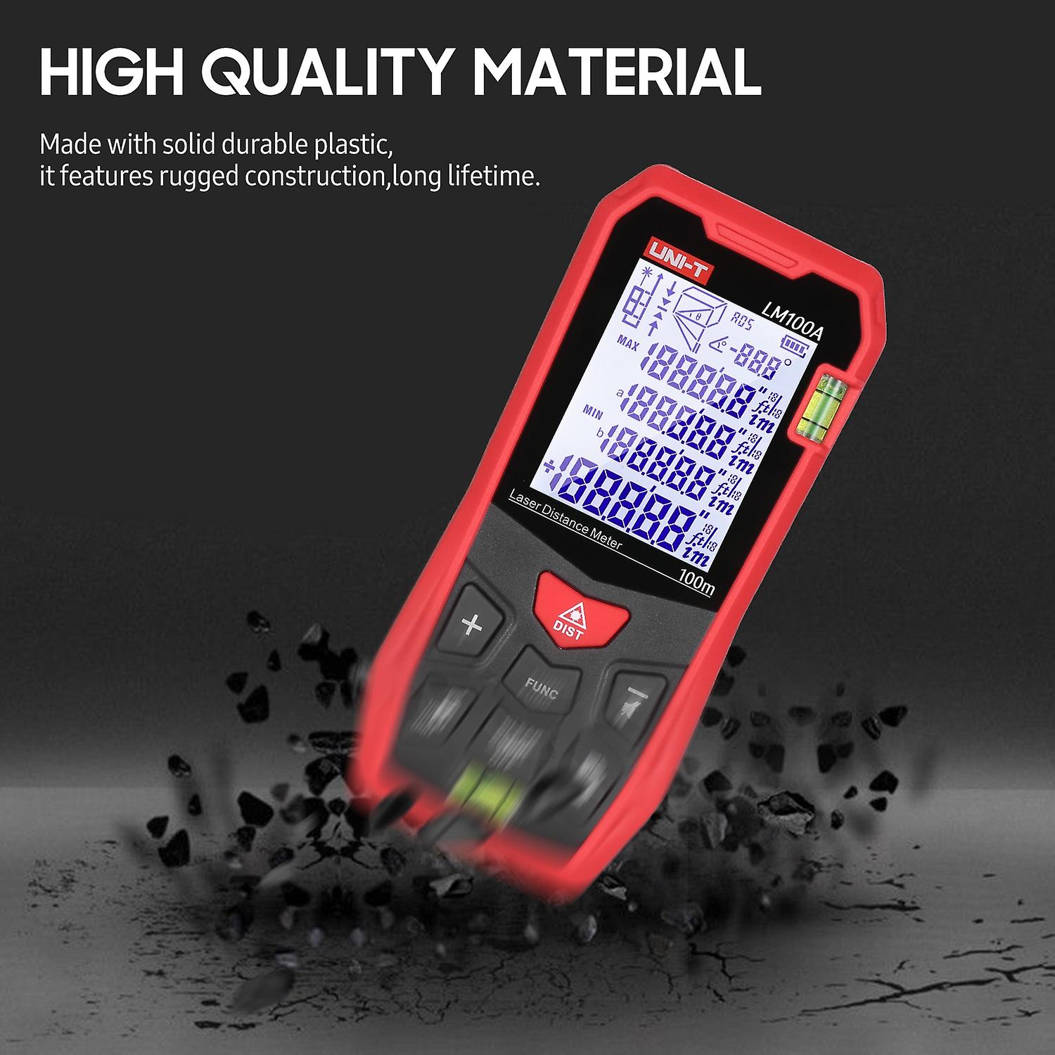 UNI-T LM100A Laser Distance Measure Meter 100M with 2 Bubble Levels LCD Backlit Display ...