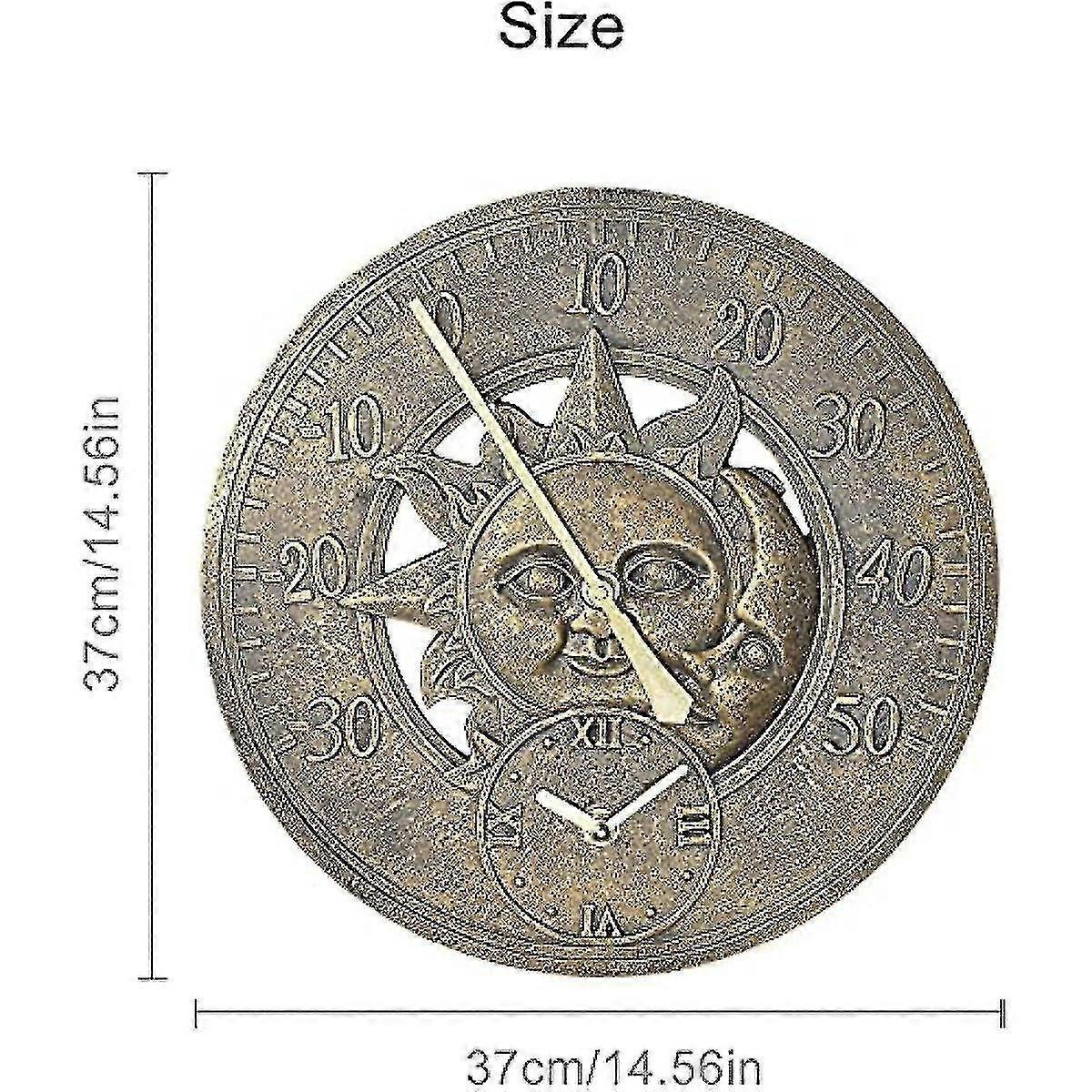 Garden Thermometer Clock Analogue Wall Bronze Sun & Moon 30cm Clock ...