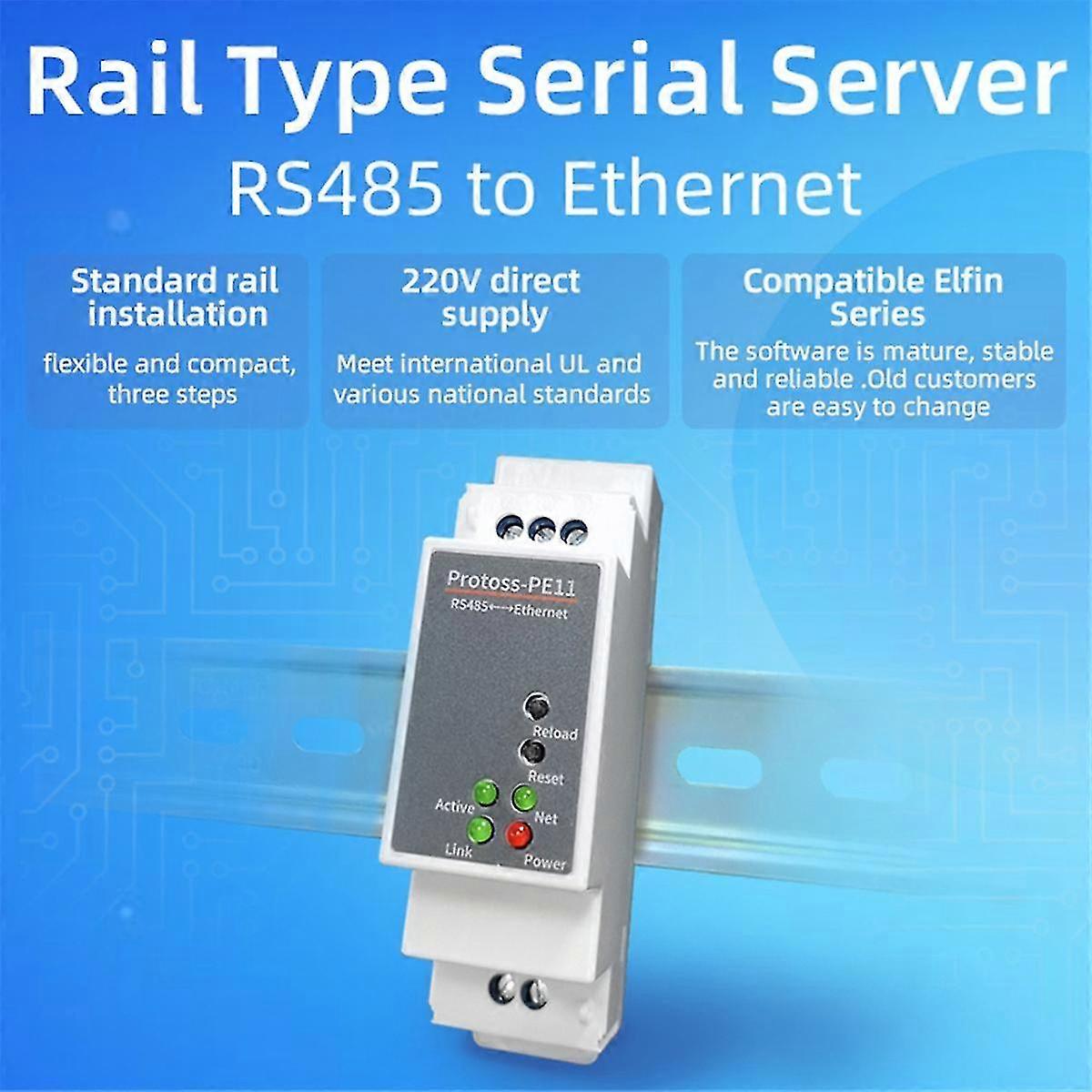 DIN-Rail Serial Port RS485 to Ethernet Converter Server Protoss MQTT PE11-H Support Modbus TCP ...