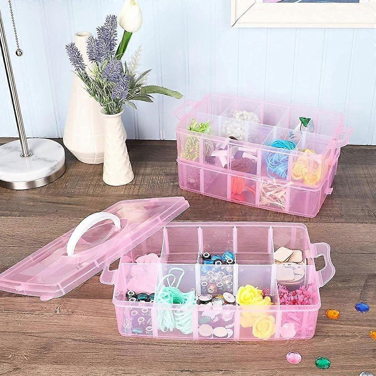 Pink Transparent 3-Tier Craft Storage Organizer with 30 Adjustable ...