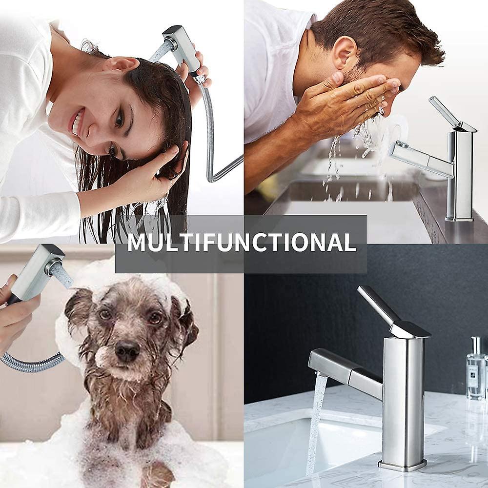 Basin Mixer Tap Regular Brushed Nickel Bathroom Sink Faucet With Pull ...