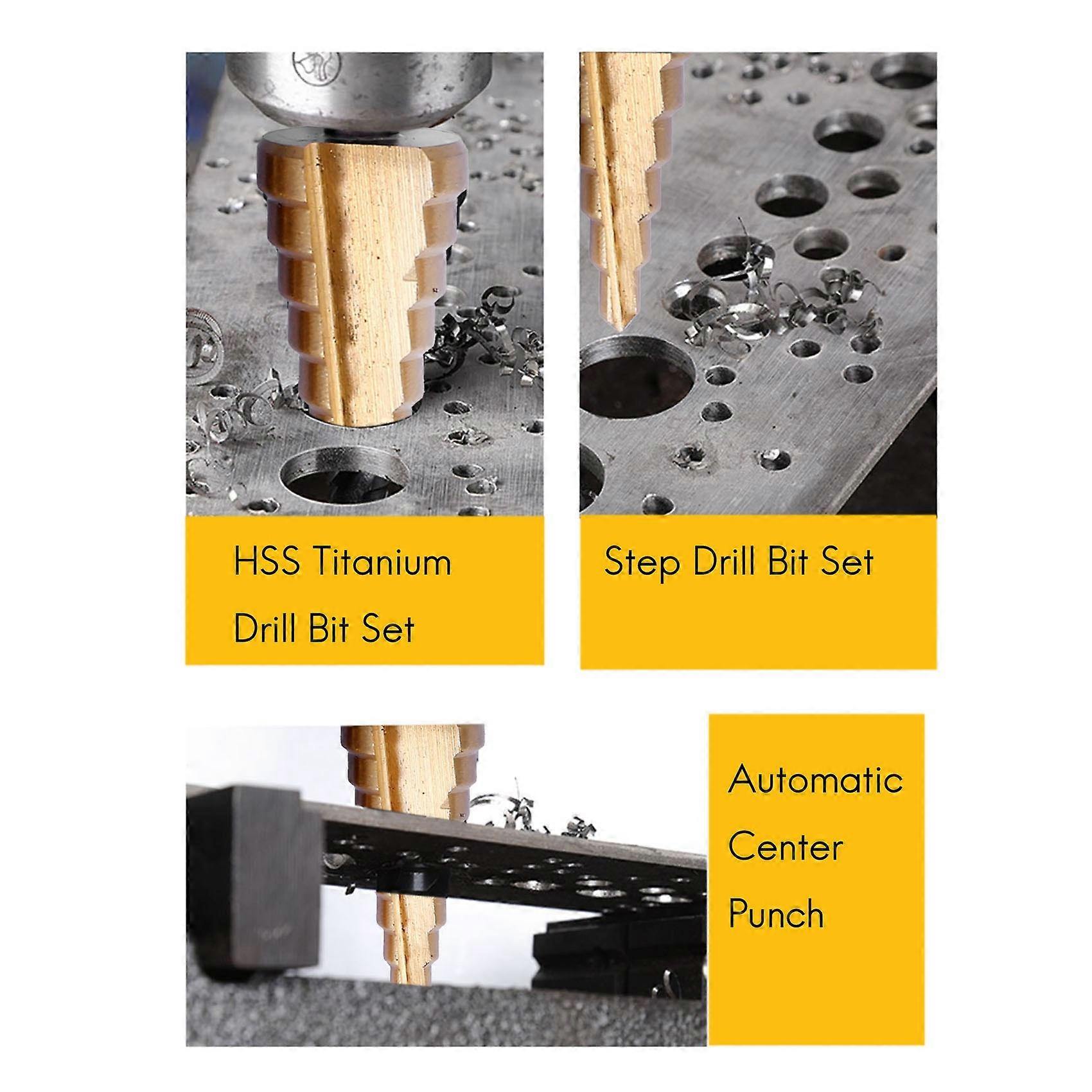 3 pcs HSS Titanium Step Drill Bit Set & 1 pcs Automatic Center Punch ...