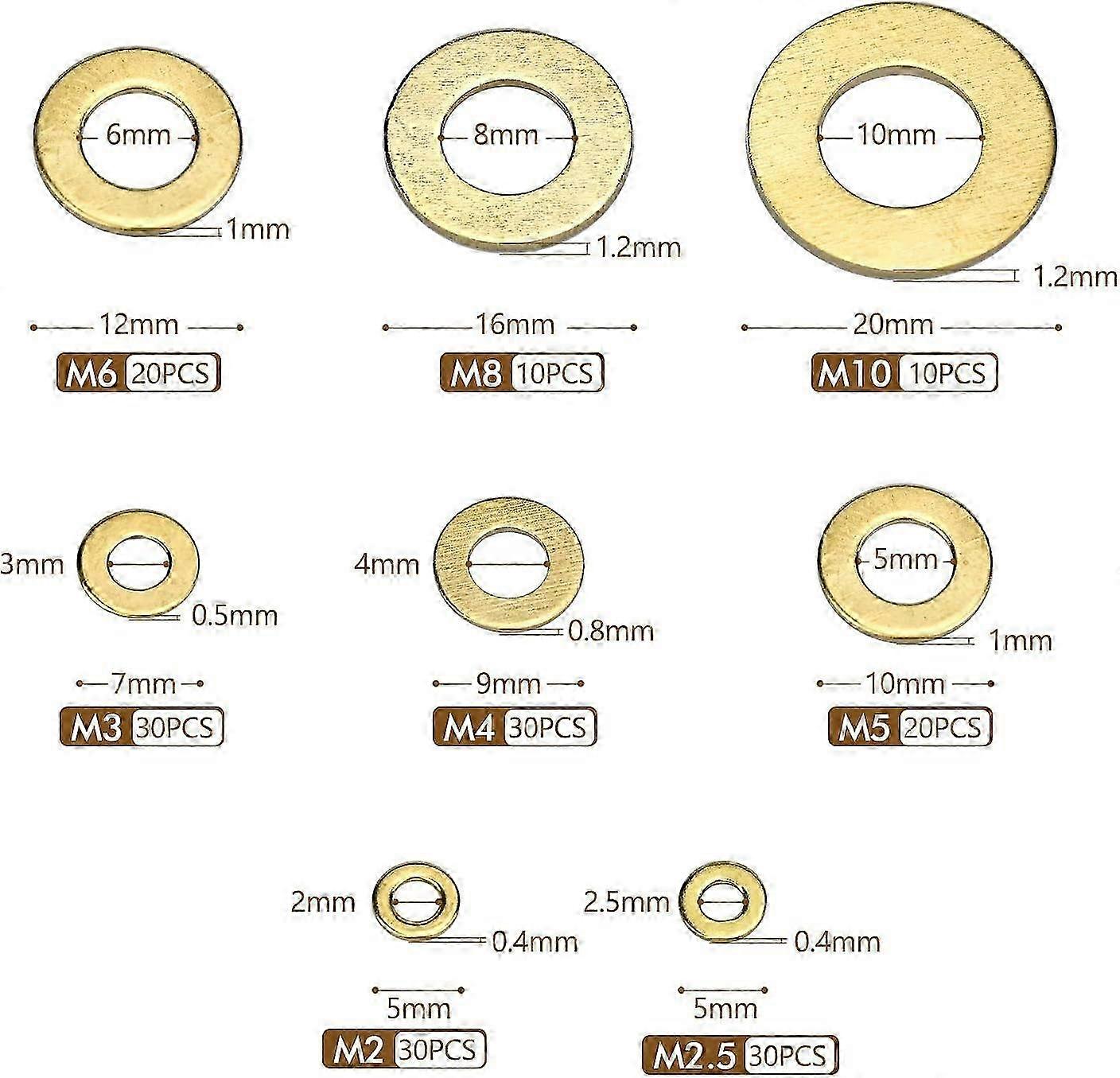 180 PCS Flat Washer, Brass Flat Washer Washer Set, M2 M2.5 M3 M4 M5 M6 M8 M10 | Fruugo UK