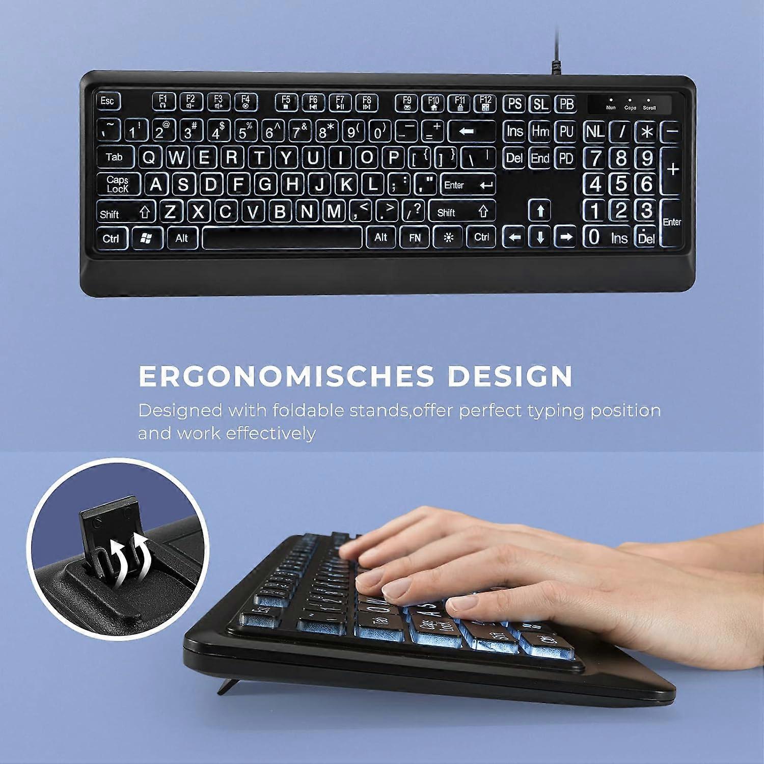 Large Print Backlit Keyboard, Quiet USB Wired Computer Keyboard, Full ...