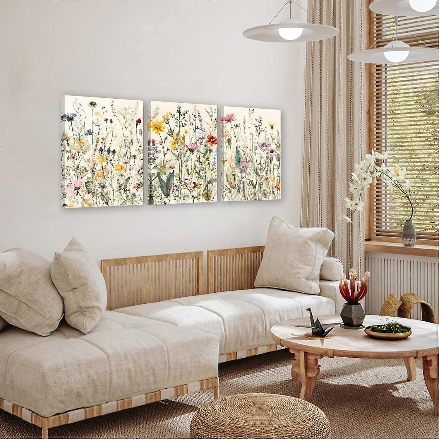 Framed Canvas Wall Art Set of 3 – Minimalist Floral, Boho Watercolor ...