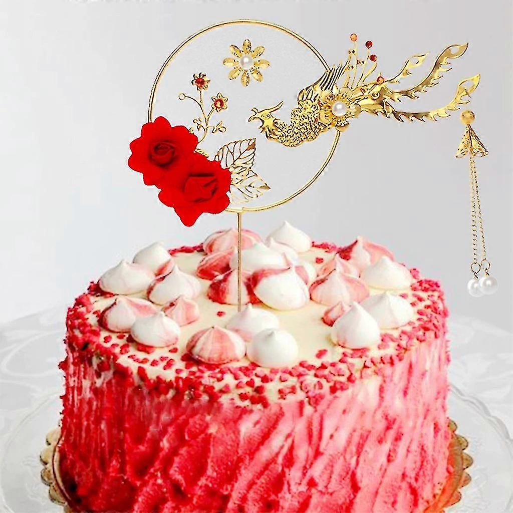 Alloy Phoenix Cake Decoration Red Rose Cake Topper For Chinese Wedding ...