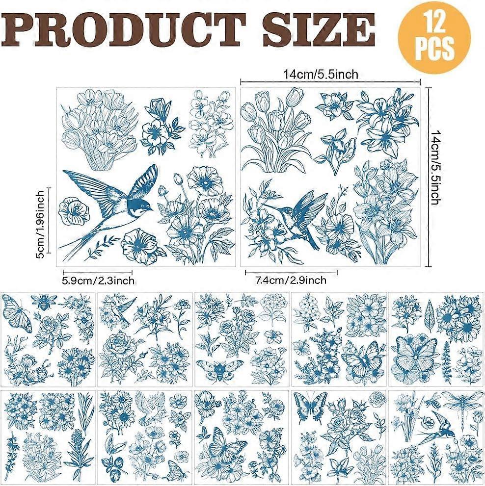 12 Sheets Floral Bird Rub on Transfers for Crafts Flower and Butterfly ...