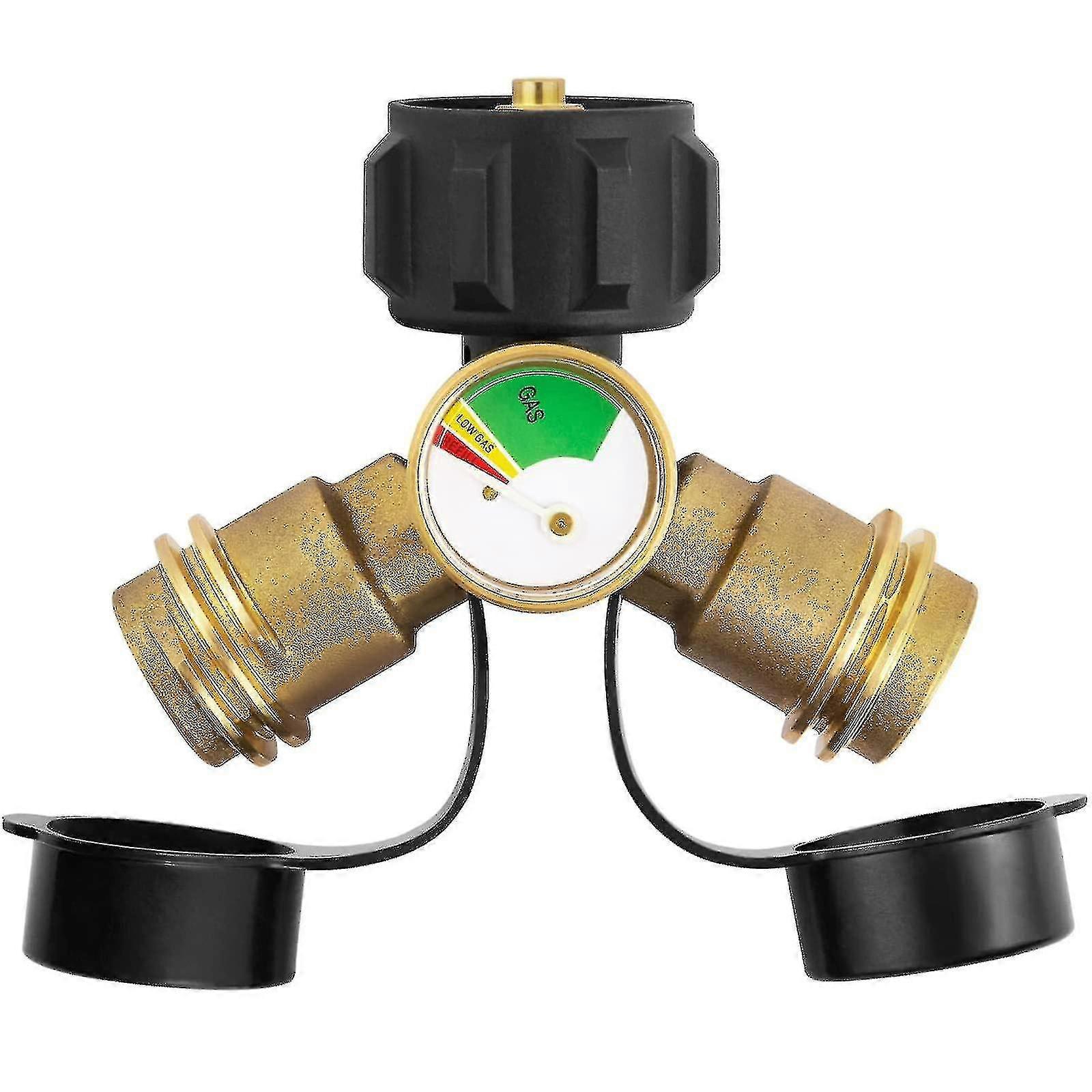 Propane Tank Y Splitter Adapter 2 Way Lp Gas Tee Connector With Gauge ...