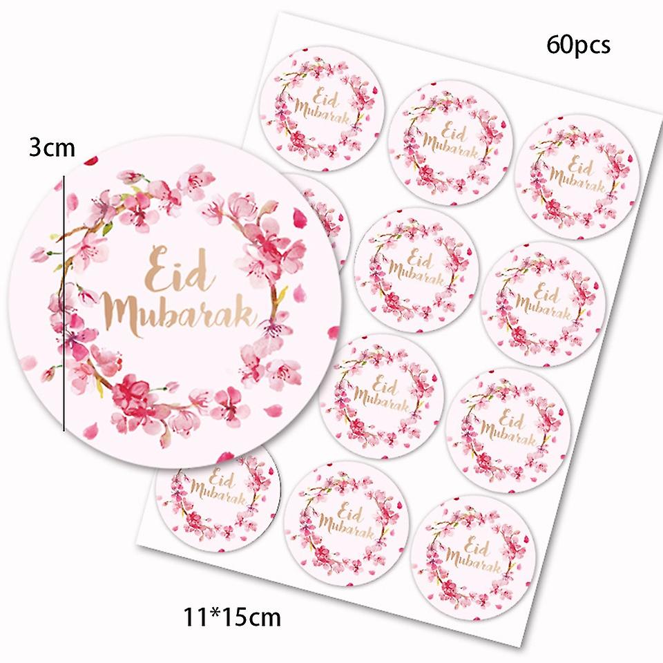 60pcs EID Mubarak Stickers Round Sticker Wreath Flower Type Stickers ...